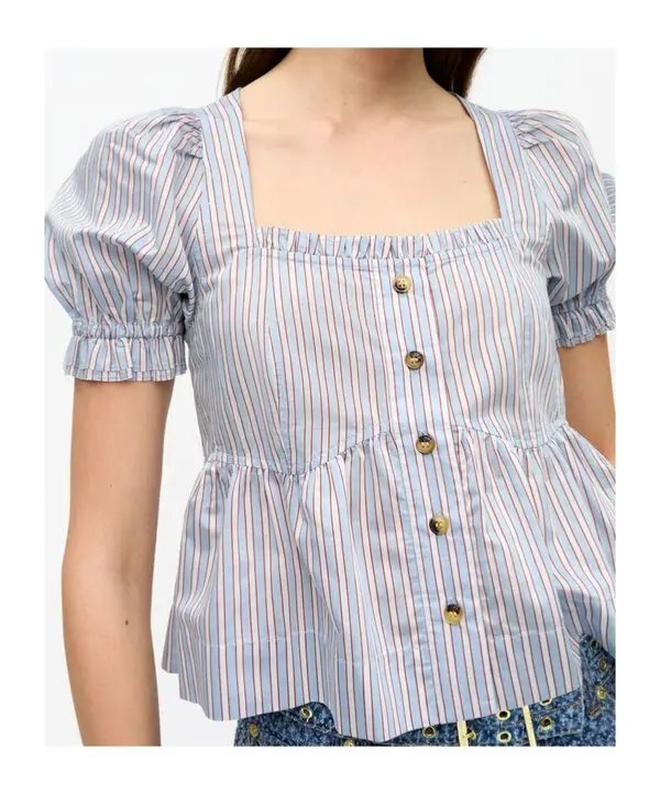 GANNI Candy Striped Puff Sleeve Blouse - Soft Chambray
