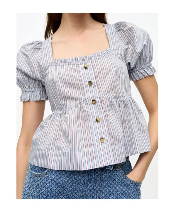 GANNI Candy Striped Puff Sleeve Blouse - Soft Chambray