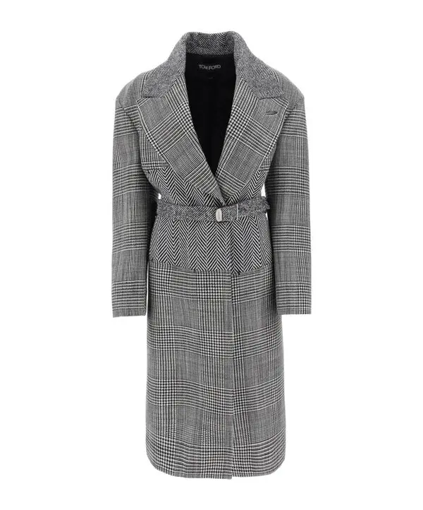 TOM FORD Houndstooth Pattern Belted Coat - Gray