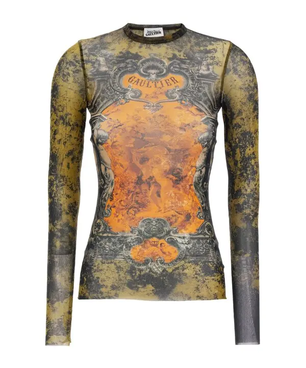 JEAN PAUL GAULTIER All-over Medallion Print Stretch Tulle Top - Multicolor