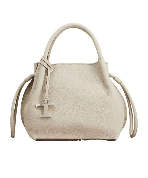 TOD'S Leather Bucket Bag With Detachable T Timeless Charm - Nude