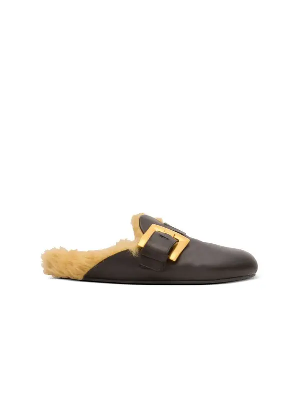 Balmain Flat Leather And Faux Fur Mules - Black