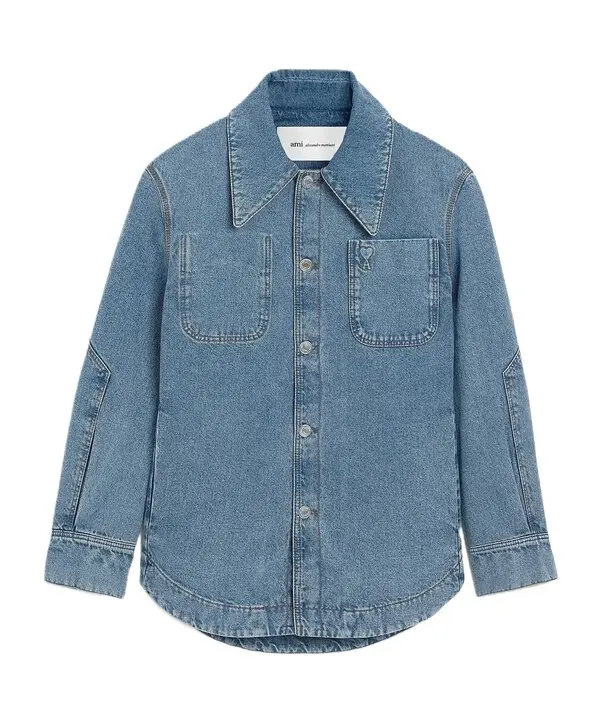 Ami Logo Detailed Denim Overshirt - Blue
