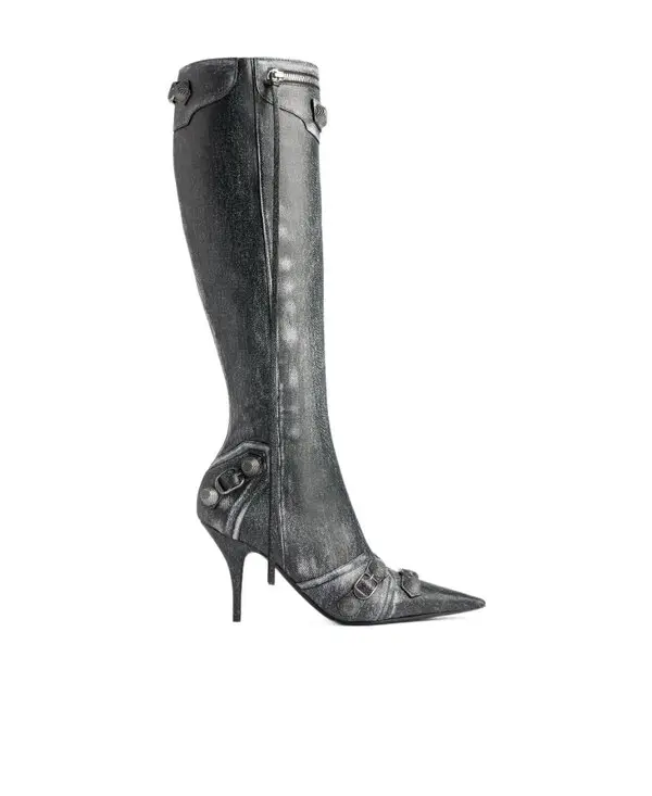 Balenciaga Pointed-toe Denim Boots With Studs And Buckles - No