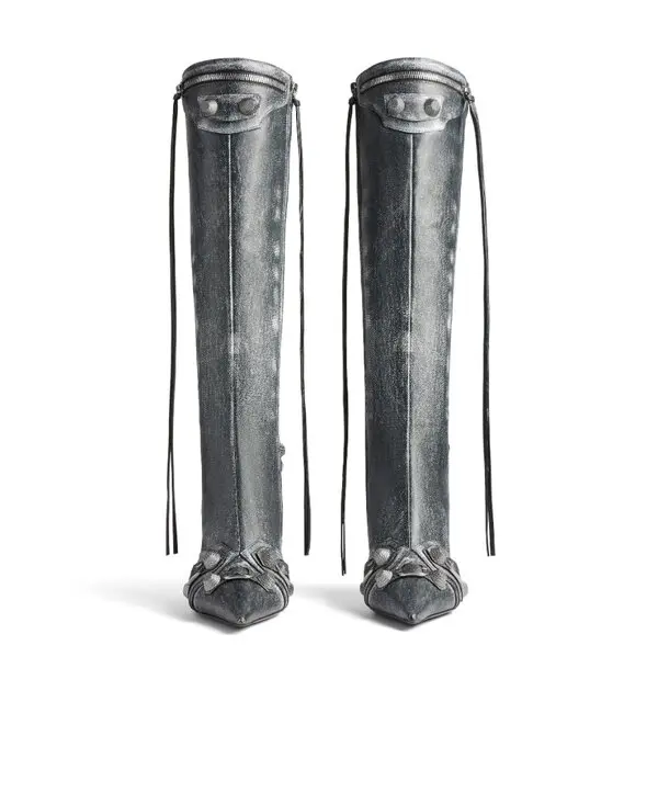 Balenciaga Pointed-toe Denim Boots With Studs And Buckles