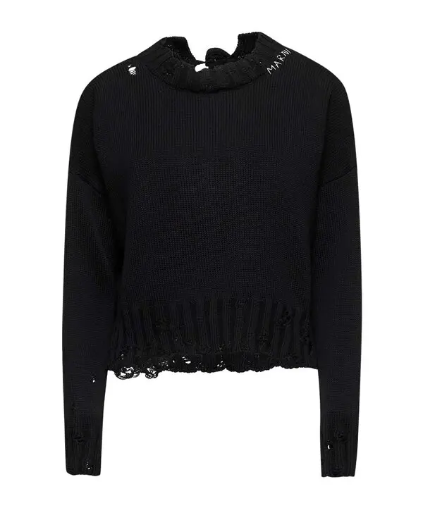 Marni Distressed Knitted Jumper With Self-tie Back - Black