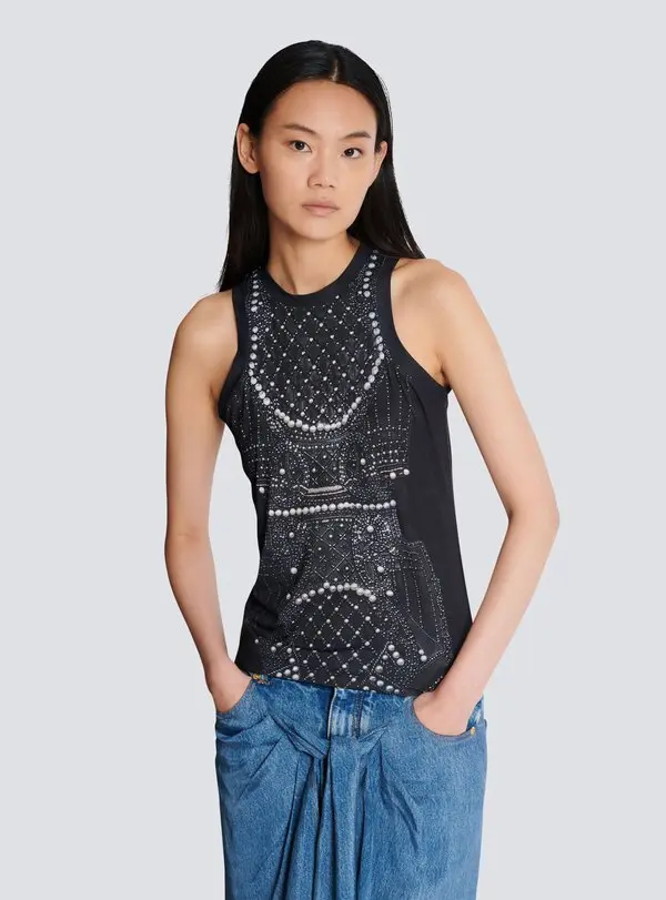 Balmain Faux Embroidery Print Soft Tank Top