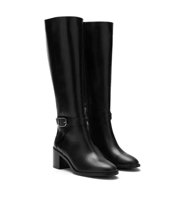 STUART WEITZMAN Leather Round Toe Boots With Side Zip And Buckle Detail