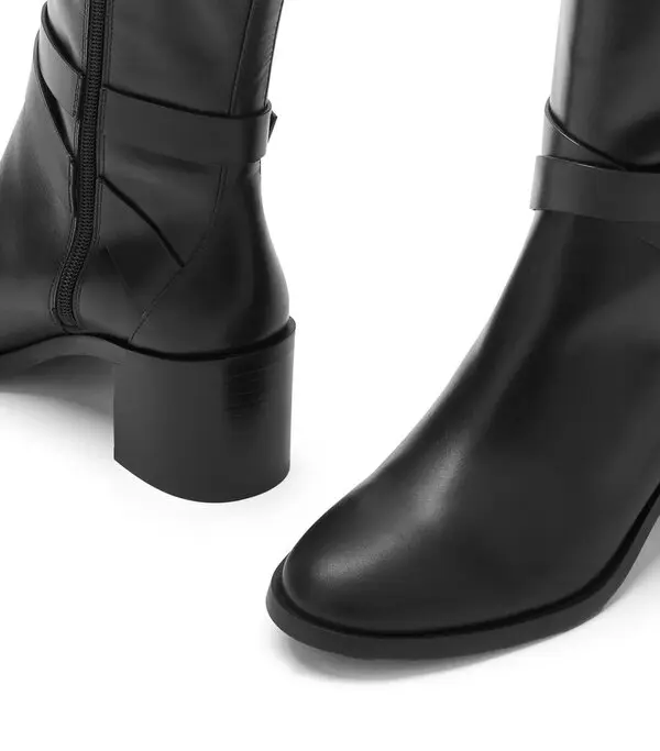 STUART WEITZMAN Leather Round Toe Boots With Side Zip And Buckle Detail