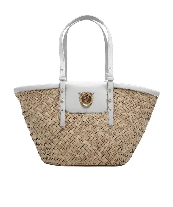 Pinko Love Birds Logo Plaque Tote Bag - Natural, White