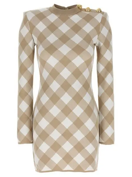 Balmain Checked Knit Mini Dress With Gold Button Detail - Beige