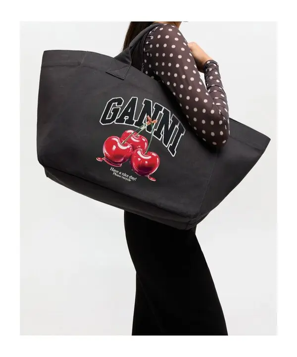 GANNI Cherry Print Tote Bag - Phantom Black