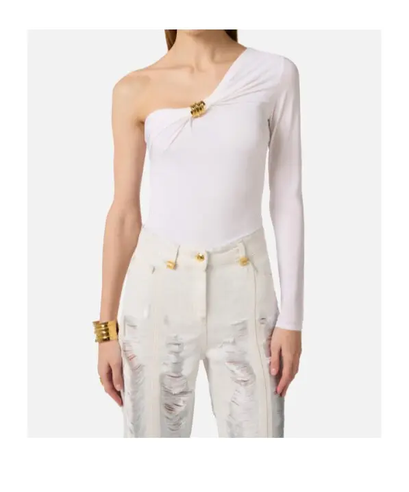 Elisabetta Franchi Draped One-shoulder Top With Embellished Clasp - Ivory