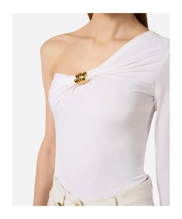 Elisabetta Franchi Draped One-shoulder Top With Embellished Clasp - Ivory