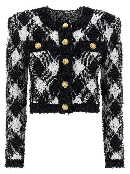 Balmain Vichy Tweed Cropped Jacket - White/black