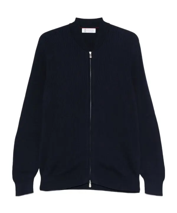 Brunello Cucinelli Zip-up Ribbed Knit Cardigan - Dark Blue