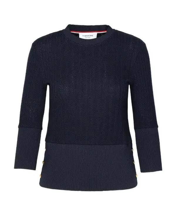 Thom Browne Crewneck Jumper With Ribbed Trim And Herringbone Knit - Navy Blue