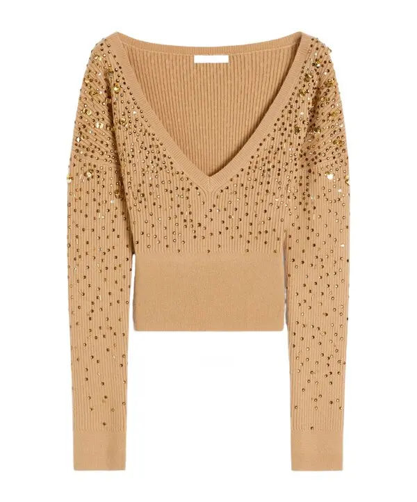 Max Mara Gang Embellished V-neck Sweater - Camel