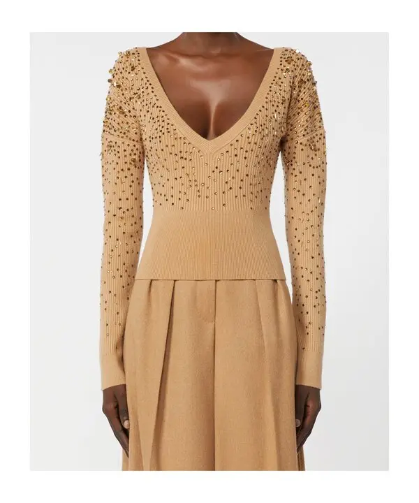 Max Mara Embellished V-neck Sweater - Camel
