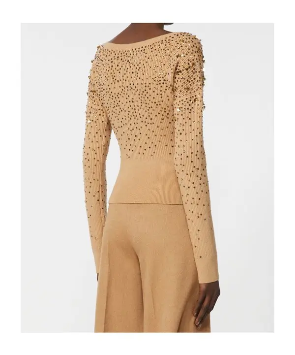 Max Mara Embellished V-neck Sweater - Camel