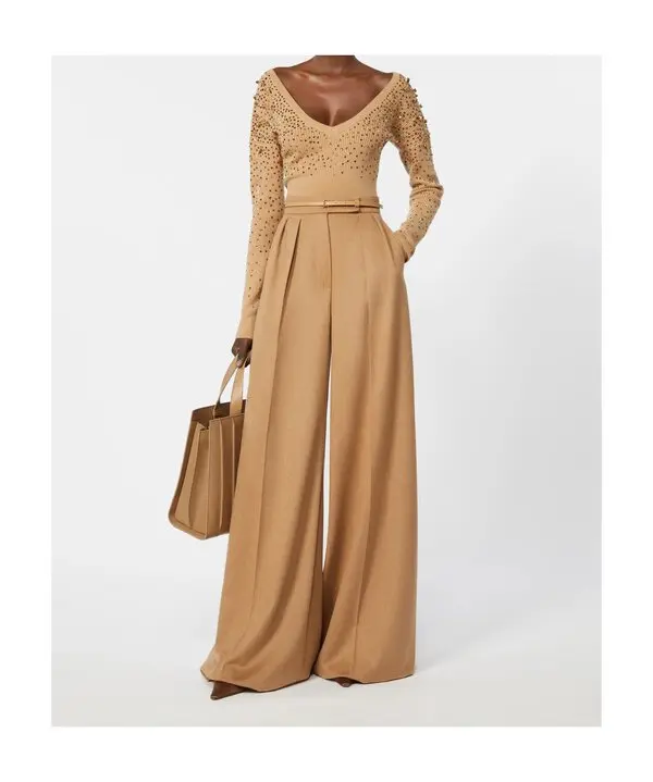 Max Mara Embellished V-neck Sweater - Camel