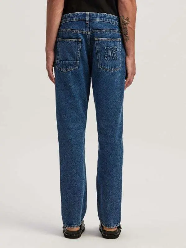 Palm Angels Monogram Detailed Straight Leg Jeans - Blue