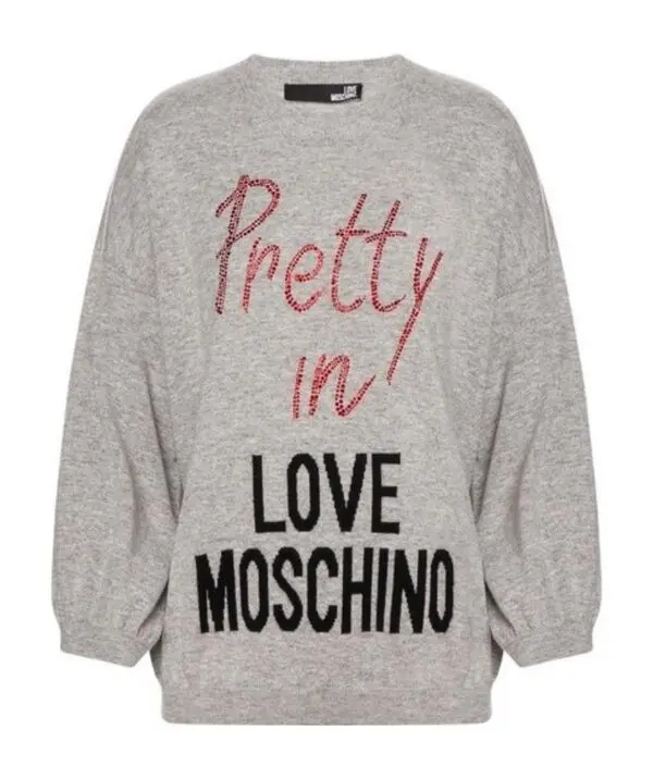 Moschino Crystal Embellished Logo Knit Pullover - Gray