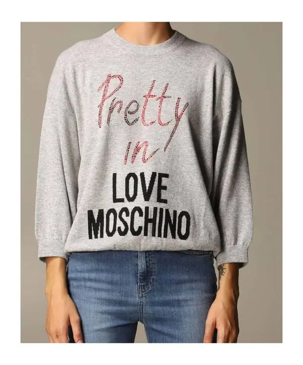 Moschino Crystal Embellished Logo Knit Pullover - Gray