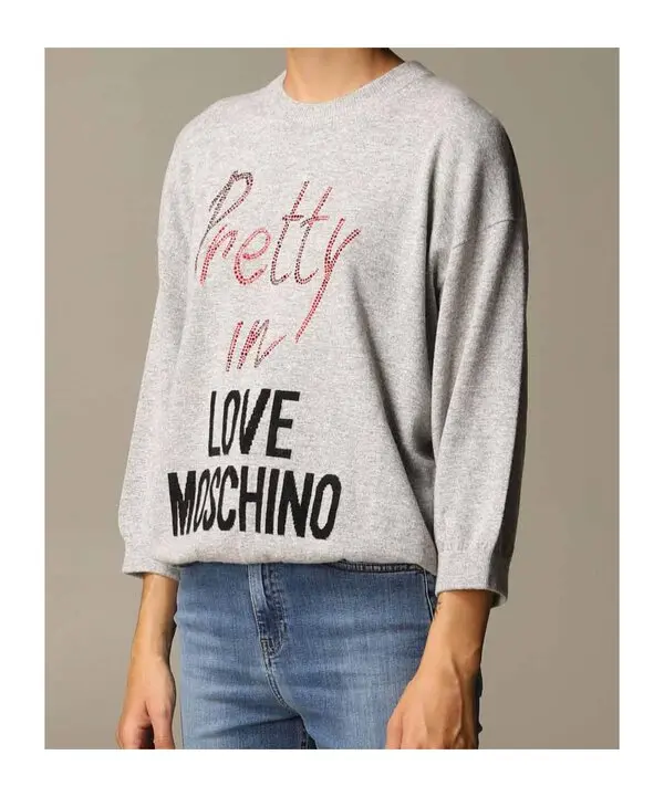 Moschino Crystal Embellished Logo Knit Pullover - Gray