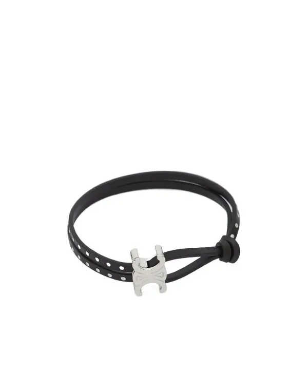 Celine Triomphe Stud Clasp Bracelet In Brass With Rhodium Finish And Calfskin - Black