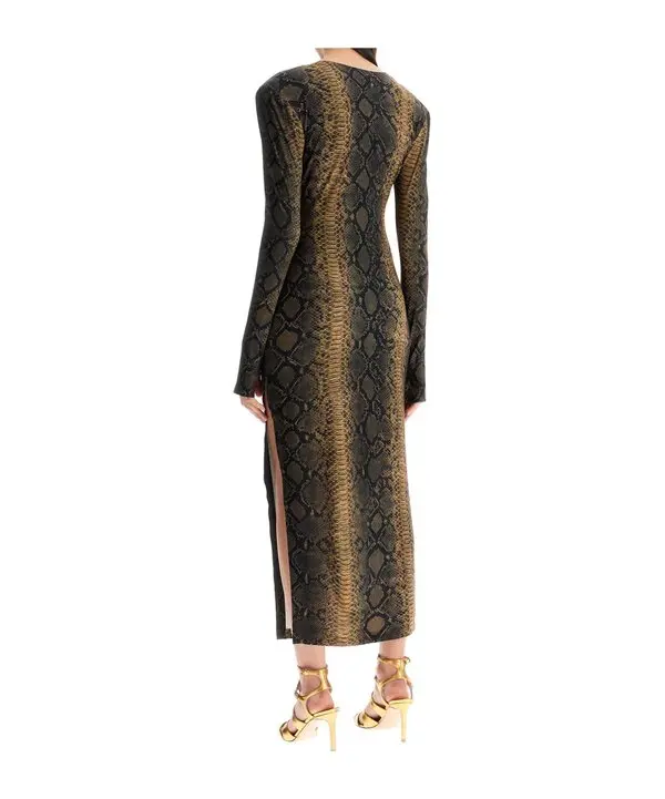 Norma Kamali Snake Print V-neck Long-sleeve Dress