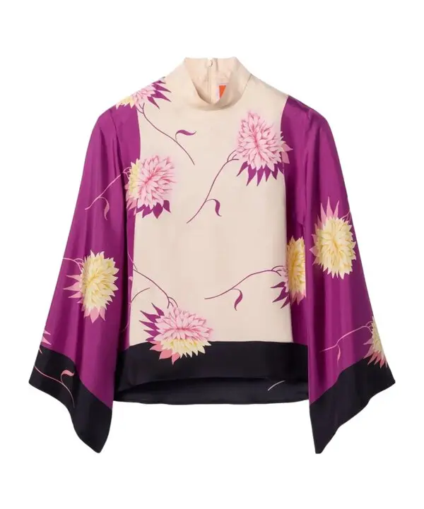 La DoubleJ Placed Floral Silk High Neck Blouse - Multi-color
