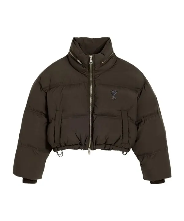 Ami Zipped Puffer Jacket With Invisible Hood And Leather Patch - Dark Brown