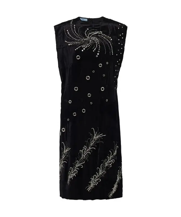 Prada Sleeveless Embroidered Velvet Dress With Metal Studs