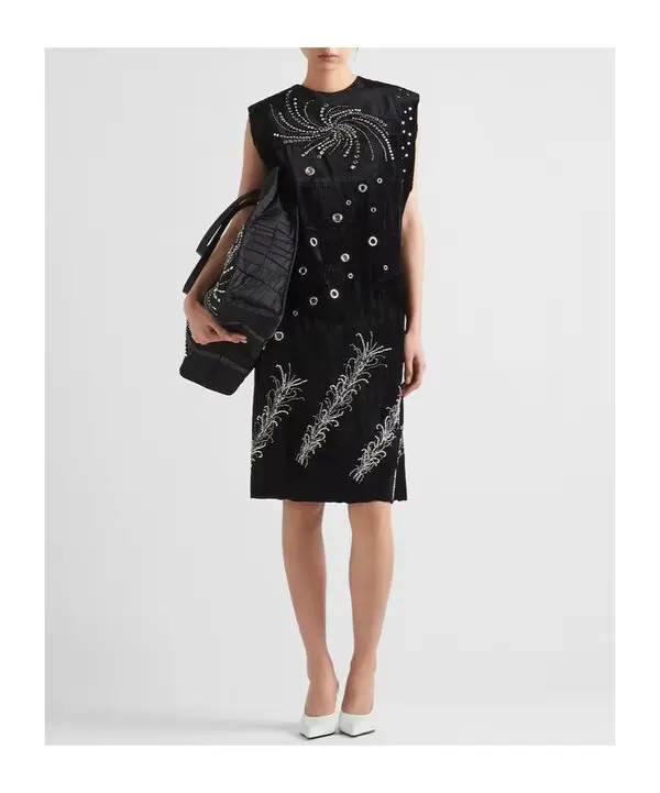Prada Sleeveless Embroidered Velvet Dress With Metal Studs