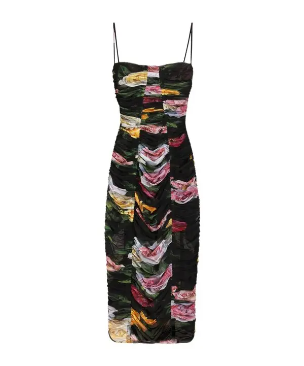 Dolce & Gabbana Floral Print Ruched Tulle Midi Slip Dress - Multicolour
