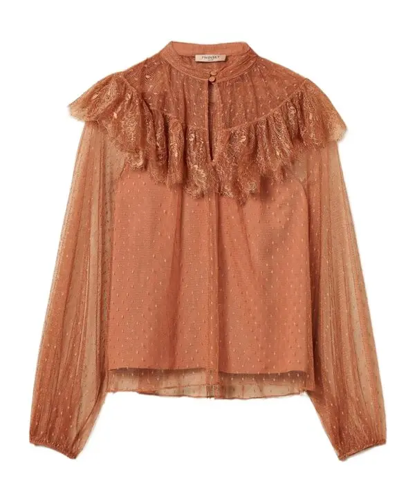 TWINSET Plumetis Laced Tulle Blouse - Brown