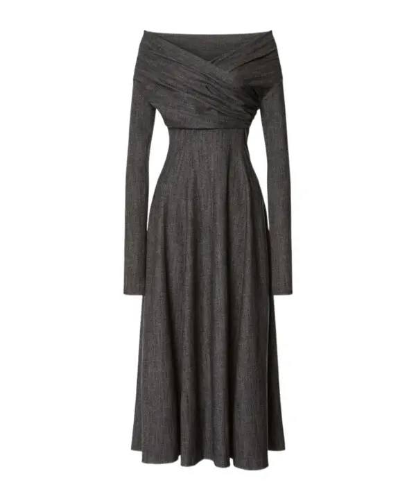 Alberta Ferretti Off-shoulder Long Sleeve Dress With Ruched Asymmetrical Neckline