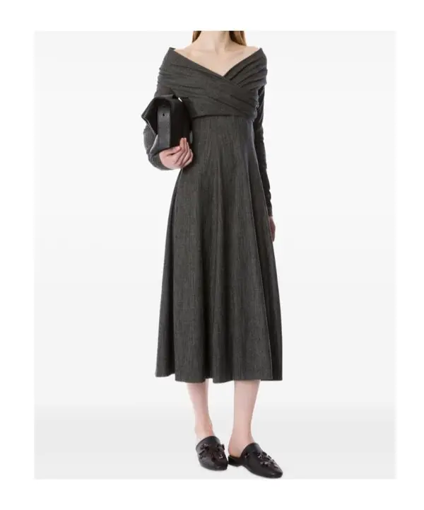 Alberta Ferretti Off-shoulder Long Sleeve Dress With Ruched Asymmetrical Neckline