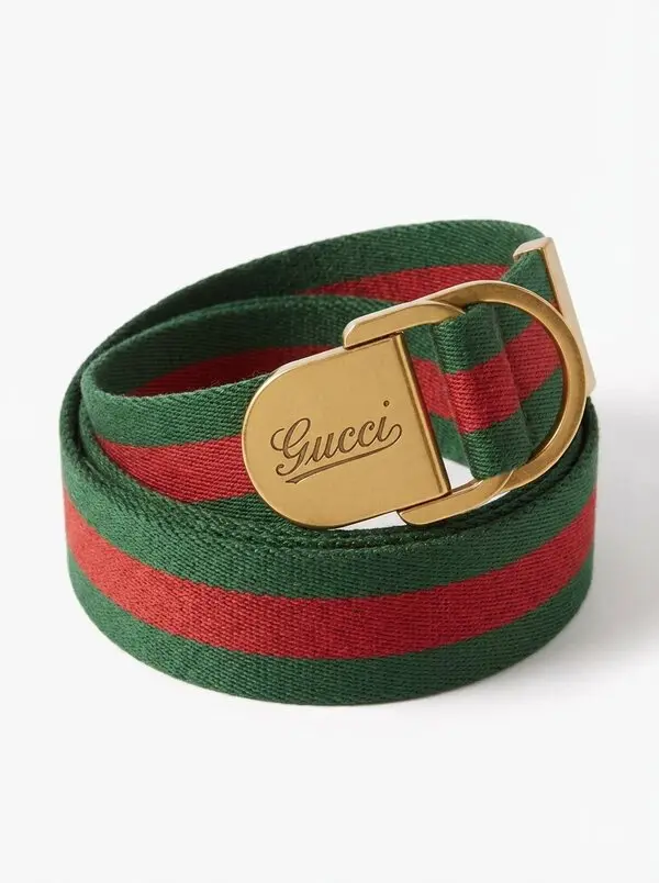 Gucci Web Logo Engraved Striped Belt - Green And Red