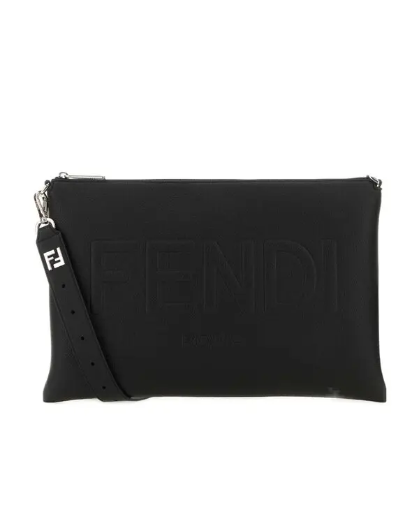 Fendi Logo Detailed Zipped Clutch Bag - Black