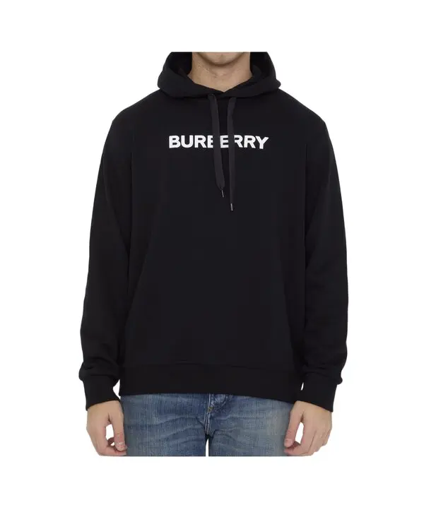 Burberry Logo Printed Drawstring Hoodie - Black