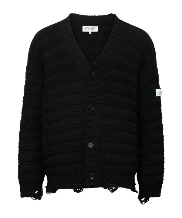 MAISON MARGIELA Distressed Knit V-neck Cardigan - Black