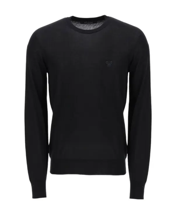 Versace Logo Embroidered Crewneck Knitted Jumper - Black