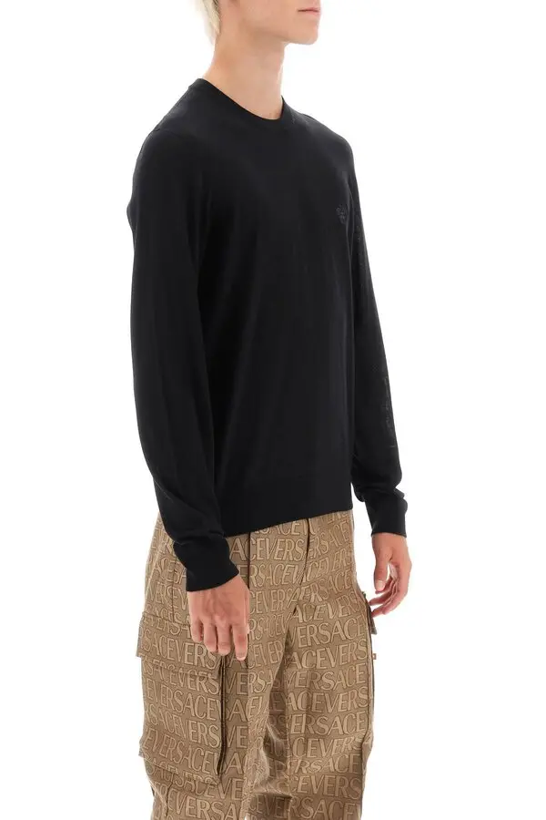 Versace Logo Embroidered Crewneck Knitted Jumper - Black