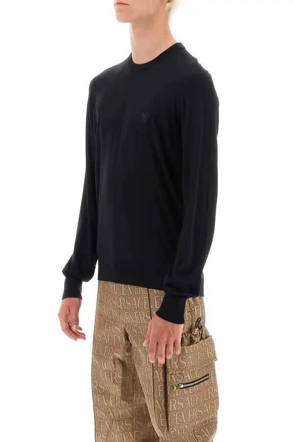 Versace Logo Embroidered Crewneck Knitted Jumper - Black