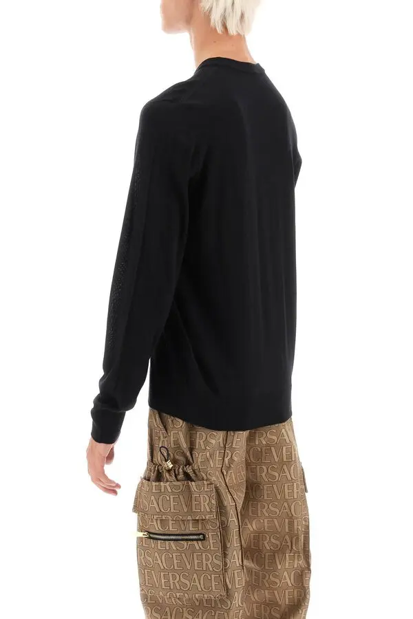 Versace Logo Embroidered Crewneck Knitted Jumper - Black