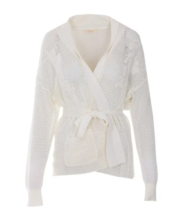 TWINSET Belted Embroidered Knit Cardigan - White