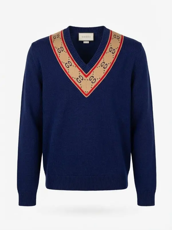Gucci Navy V-neck Pullover - Blue