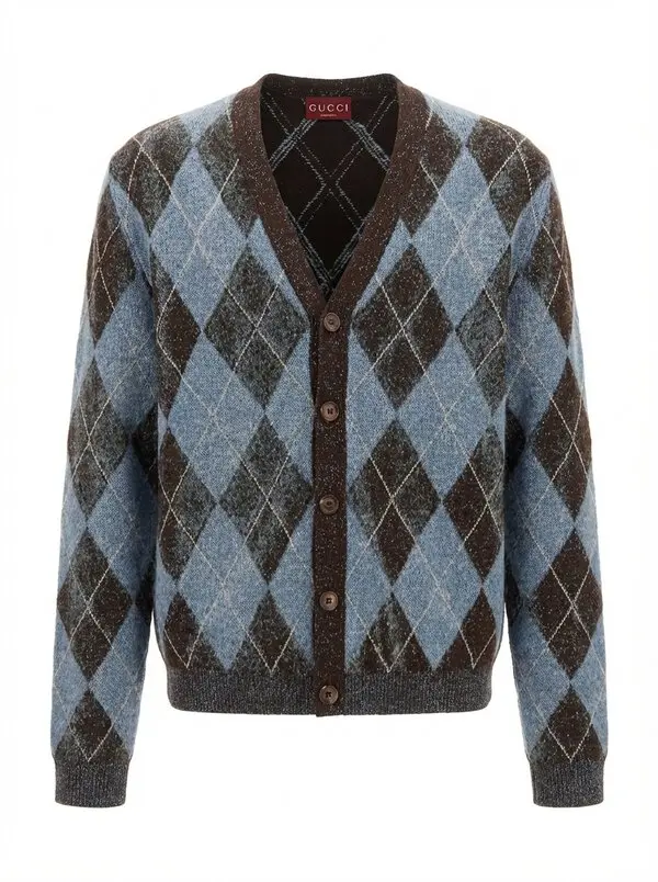 Gucci Argyle Knit Cardigan - Gray Blue And Brown